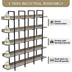 5 Tier Industrial Bookshelf, Triple Wide Wood Bookshelf with Metal Frame, Rustic Etagere Bookcase with Back Panel, Vintage Storage Rack with Open Shelves for Living Room, Bedroom, Study, Black&Gray