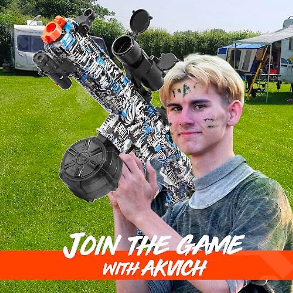 Large Gel Ball Blaster with Drum, M416 Manual & Automatic Dual Mode 40000 Water Beads, for Outdoor Activities - Shooting Team Game, Ages 12+, Blue Devil