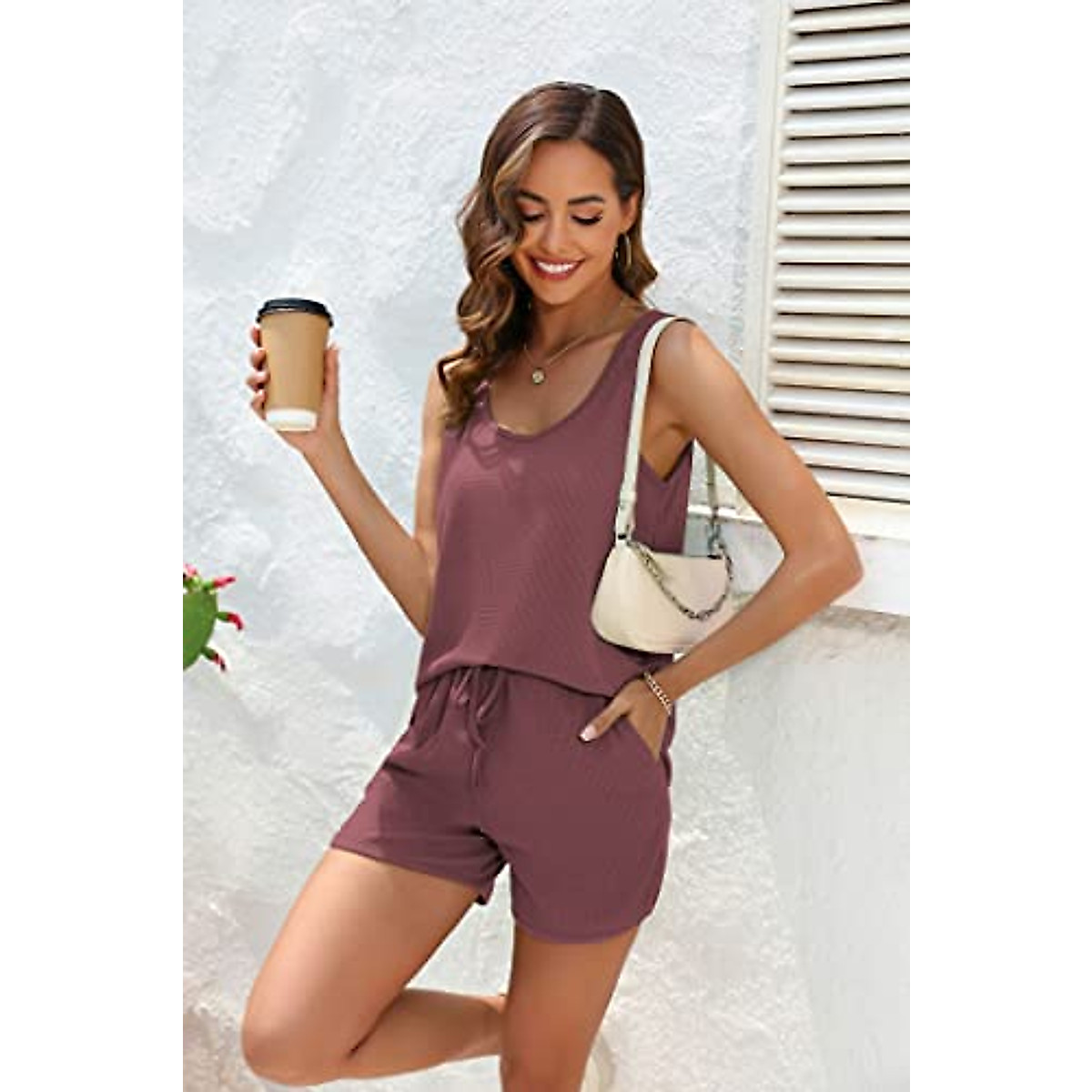 Andeip Waffle Knit Pajama Sets for Women Breathable Lounge Sets Sleeveles Top and Elastic Shorts pj Set Red L