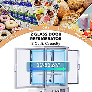 Takywep Commercial Refrigerator Display Case 2 Cu.FT, Two Glass Door Display Refrigerator Display Fridge, Countertop/Floor Refrigerator with LED Lighting, Adjustable Shelves, Double-Layered Glass