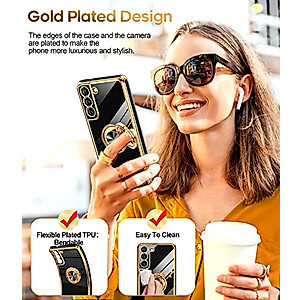 LeYi for Samsung Galaxy S21 FE 5G Case: with Tempered Glass Screen Protector [2 Pack] 360° Rotatable Ring Holder Magnetic Kickstand, Plating Rose Gold Edge Protective Case, Black