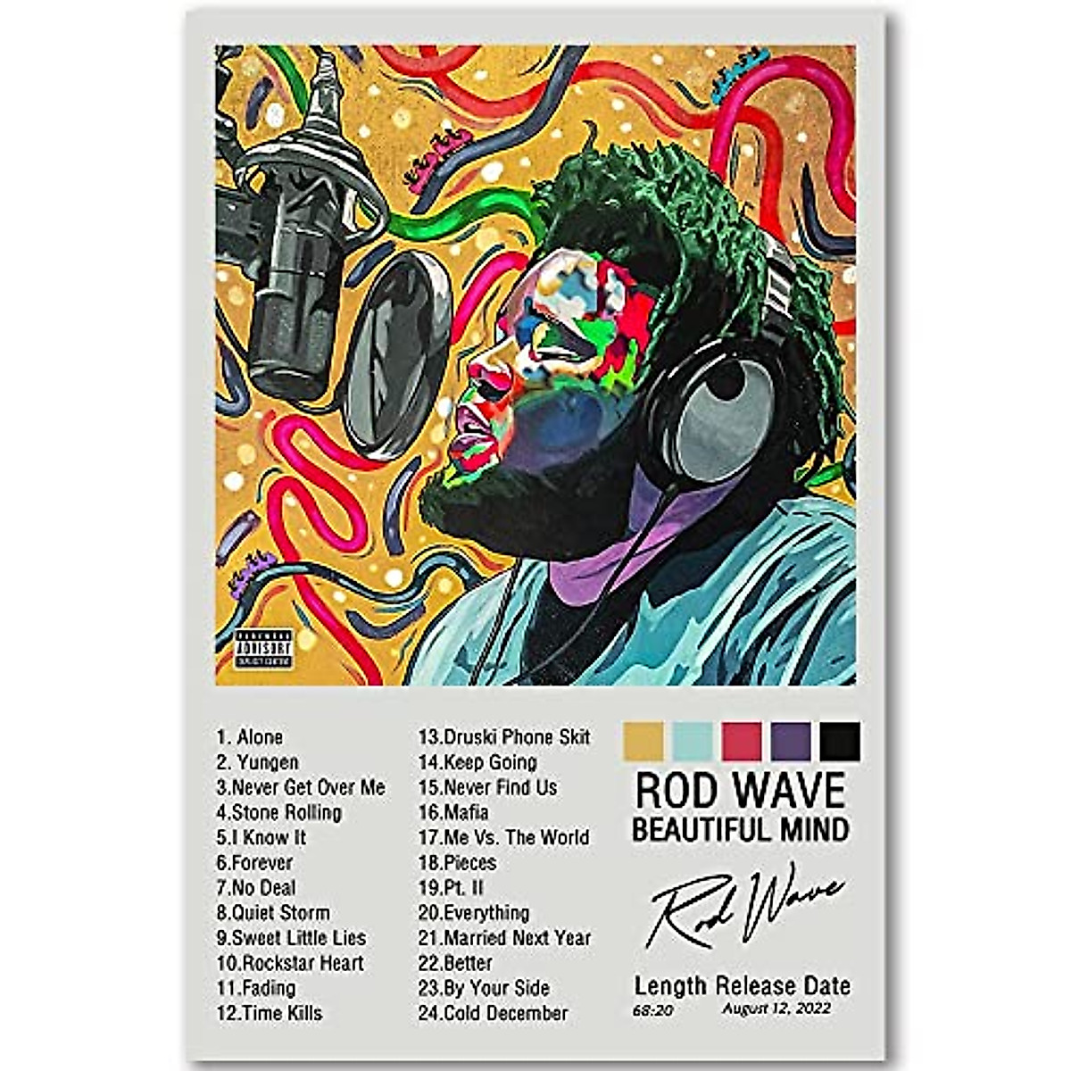 Rod Wave Poster Rapper Album Cover Music Posters Signed Limited Edition Canvas Poster Wall Art Decor Print Picture Paintings for Living Room Bedroom Decoration (A,16x24in Unframe)