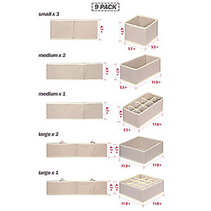 TENABORT 9 Pack Foldable Drawer Organizer Dividers Cloth Storage Box Closet Dresser Organizer Cube Fabric Containers Basket Bins for Underwear Bras Socks Panties Lingeries Nursery Baby Clothes Beige