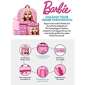 Barbie Backpack 4 Piece Set | Girls School Bag Set | Girls Backpack, Lunch Bag, Water Bottle and Pencil Case Set | Childrens Backpack | Pink