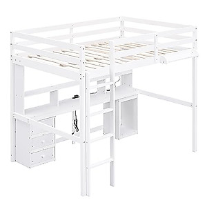 CITYLIGHT Full Loft Bed with Desk,Wood Full Size Loft Bed with Storage Shelves,Drawers and Cabinet, Loft Bed Full with Charging Station,LED Light and Bedside Tray for Kids Boys Girls,White