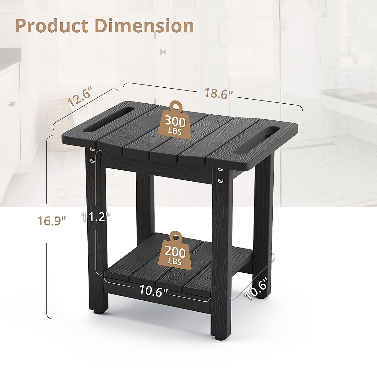 LUE BONA HDPS Shower Benches for Inside Shower, Black Shower Stool for Shaving Legs with Shelf, Waterproof Shower Chair Seat for Spa Bathroom, Weather Resistant/Non-Slip/Handles/Indoor or Outdoor Use