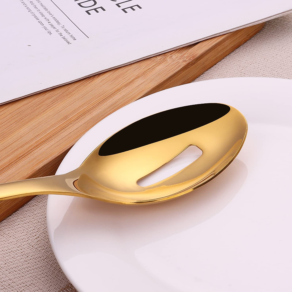 Mafier 10 Inch Stainless Steel Catering Serving Utensils for Party Buffet Dinner Banquet Cooking Kitchen Basics,Including Serving Spoon x 2,Slotted Serving Spoon x 2,Serving Forks x 2（Gold)