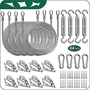 Sun Shade Sail Hardware Kit 6 Inch - 84pcs Set Stainless Steel Sun Sail Hardware Kit Mounting Accessories with 48 Ft (12 Ft x 4) Vinyl Coated Stainless Steel Wire Cable Ropes for Deck Railing