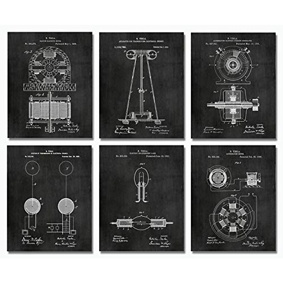 Nikola Tesla Gifts for Engineers - Steampunk Wall Decor SIX (8"x10") UNFRAMED Wall Art Patent Prints - Industrial Artwork Home Decor - Electrical, Coil, Nerd, Geek, Science, Physics Decorations