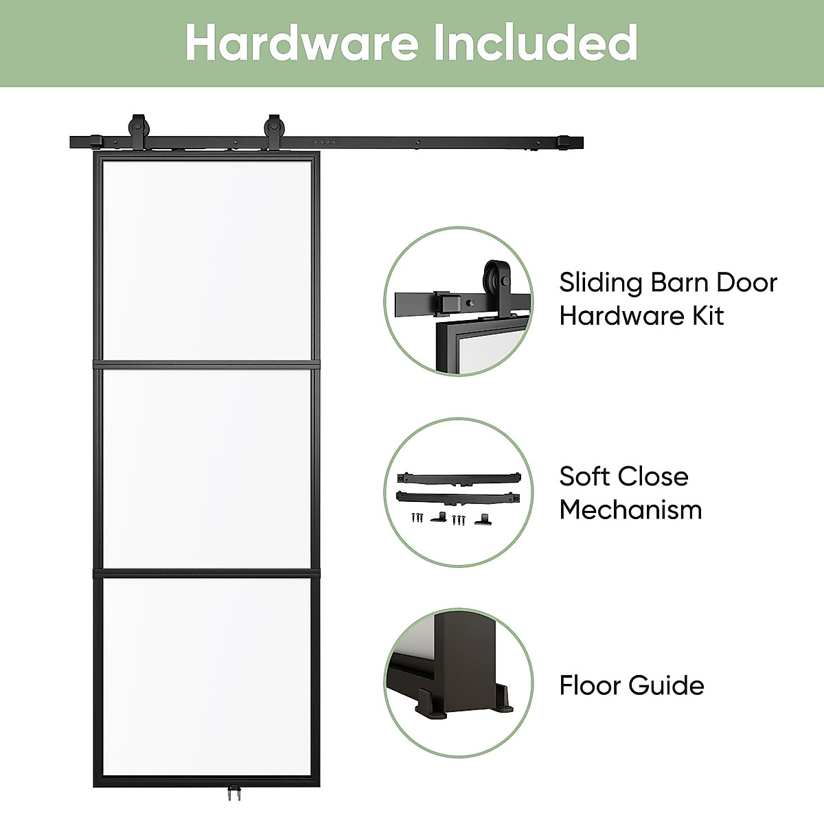 BARNSMITH 30in x 84in Frosted Glass Barn Door with 5FT Top Mounted Hardware kit Include Soft Close Mechanism Black Carbon Steel Tempered Frosted Glass Sliding Door,Assemble Required Easy Installation