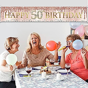 50th Birthday Banner Decorations for Women, Pink Rose Gold Happy 50 Birthday Sign Party Supplies, Large Fifty Year Old Birthday Decor for Outdoor Indoor(9.8x1.6ft)