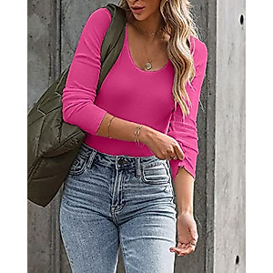 VICHYIE Fall Women's Square Neck Long Sleeve Shirts Scoop Ribbed Henley Tee Slim Fitted Casual Basic Tshirts Top Blouses Hot Pink L