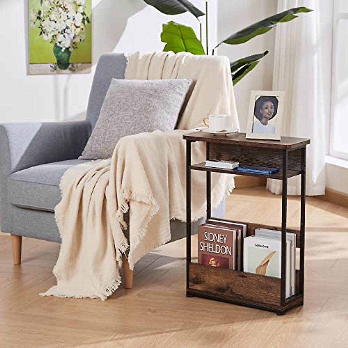 Vintage Narrow Side Table with Storage Shelf, 3 Tier Slim End Table Modern Sofa Table for Narrow and Small Spaces, 24.6 Inch Height Bedside Table Small Nightstand with Magazine Rack Space Saving