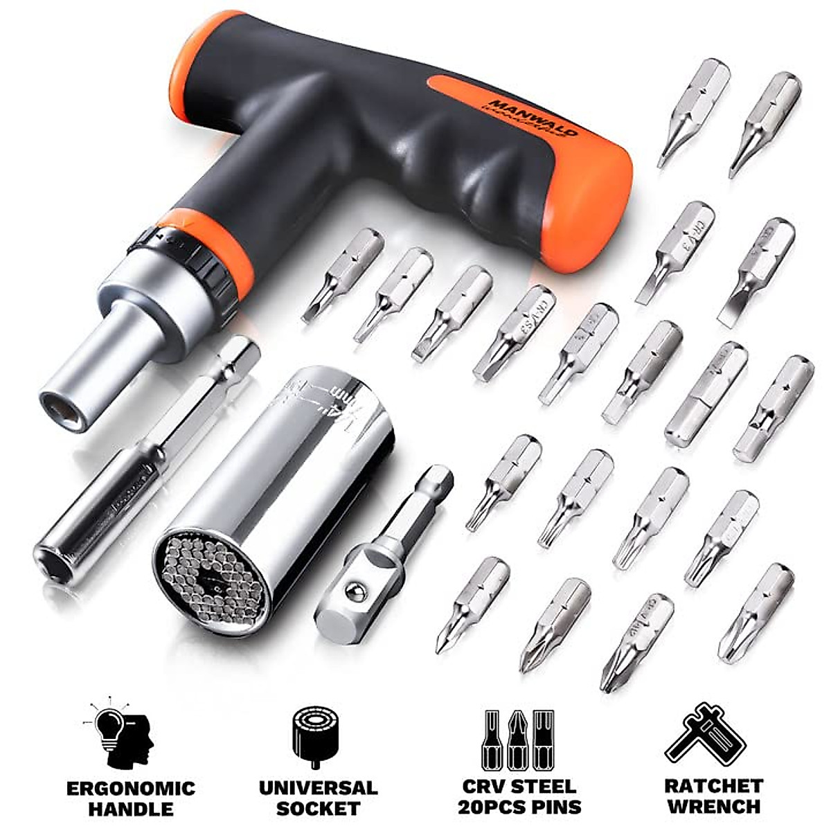 MANWALD Universal Socket Tool Set, Ratcheting T-Handle Screwdriver Set with Power Drill Adapter, Valentines Day Gifts for Him, Women, Dad, Husband, Orange