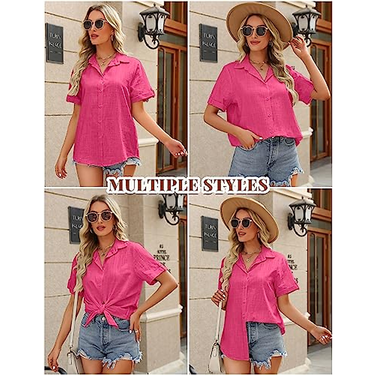 HOTOUCH Linen Shirt Women Pink Button up Shirt Oversized Button Down for Women Business Attire Watermelon Pink L