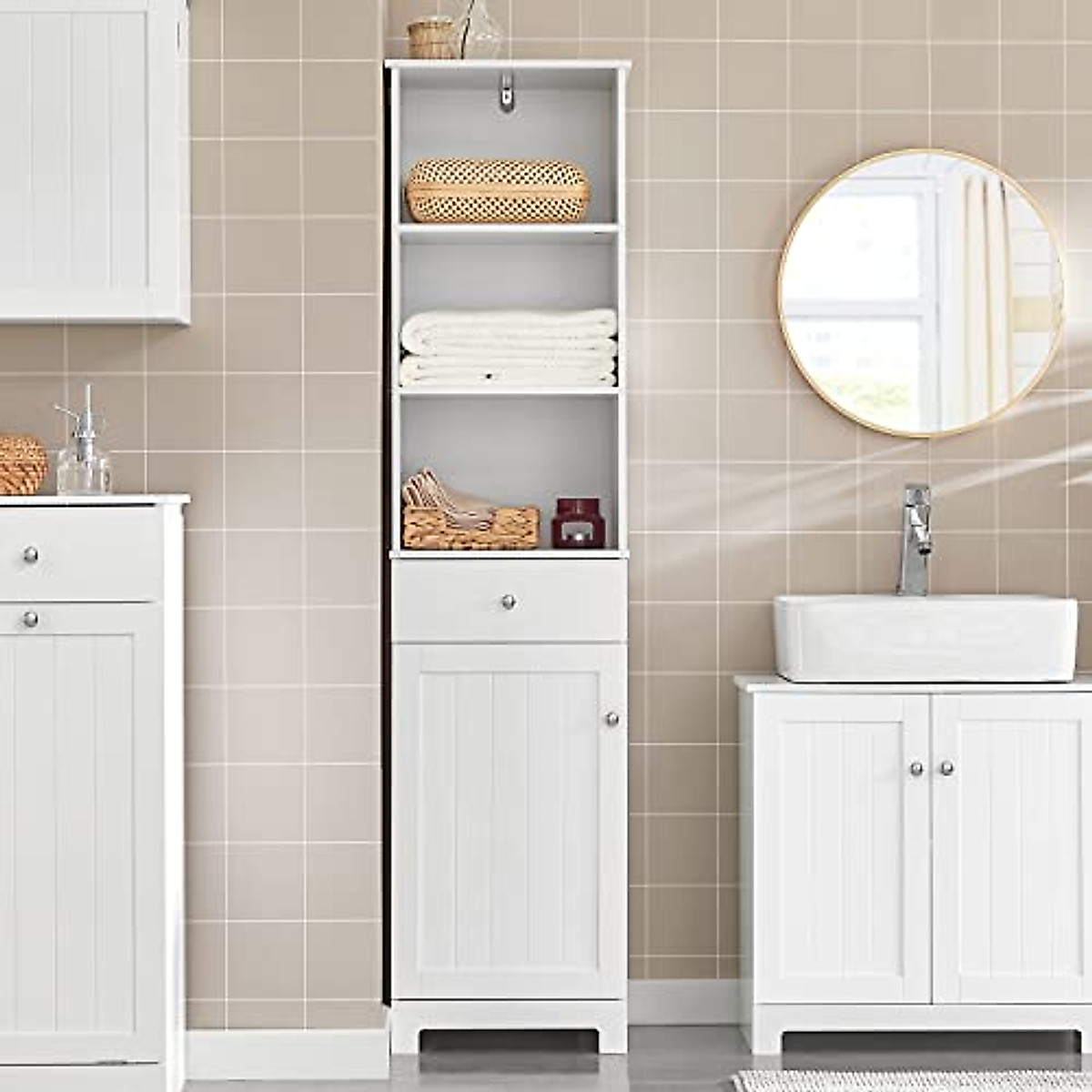 SoBuy Floor Standing Tall Bathroom Storage Cabinet with Shelves and Drawers, Linen Tower Bath Cabinet, Anti-Tipping Multifunctional Corner Unit, White BZR17-W