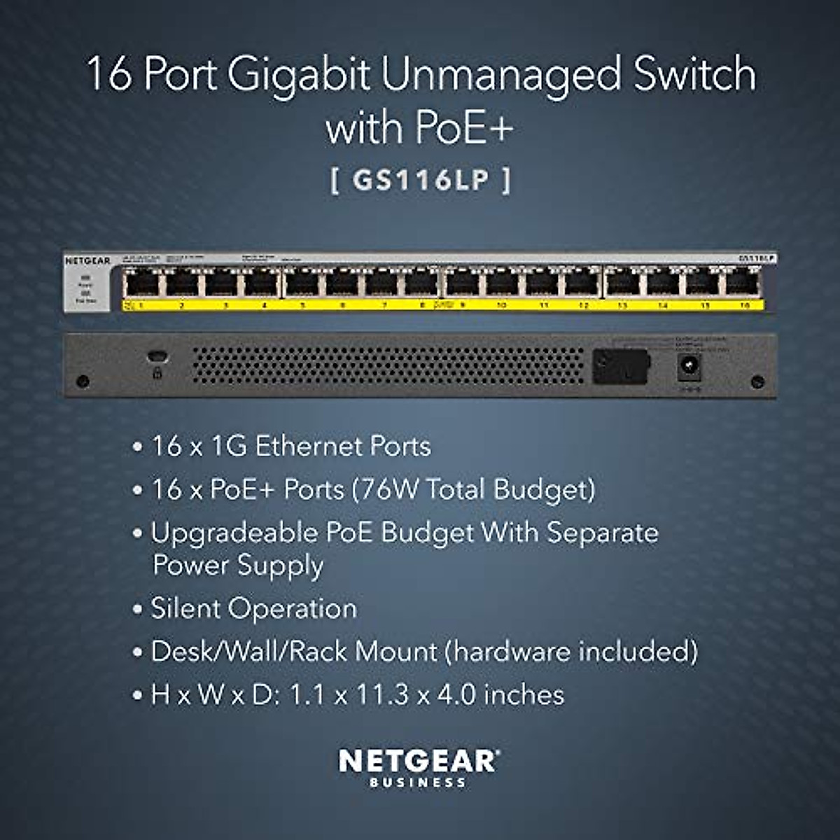 NETGEAR 16-Port Gigabit Ethernet Unmanaged PoE Switch (GS116LP) - with 16 x PoE+ @ 76W Upgradeable, Desktop, Wall Mount or Rackmount, and Limited Lifetime Protection