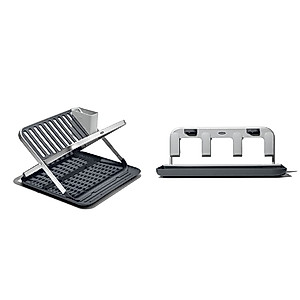 OXO Good Grips Aluminum Fold Flat Dish Drying Rack, 2-Tier, with Drainboard, for Kitchen Counter, Collapsible Good Grips Aluminum Frame Bottle Drying Rack