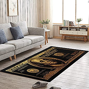 JUST BREATHE Area Rug 4’x6’ Money Rug Luxury 100 Dollar Bill Area Rugs Collection Cash Art Carpet Rug for Living Room Entryway Dining Room Home Office, Bedroom Rug, Non-Slip, Washable, Black/Gold