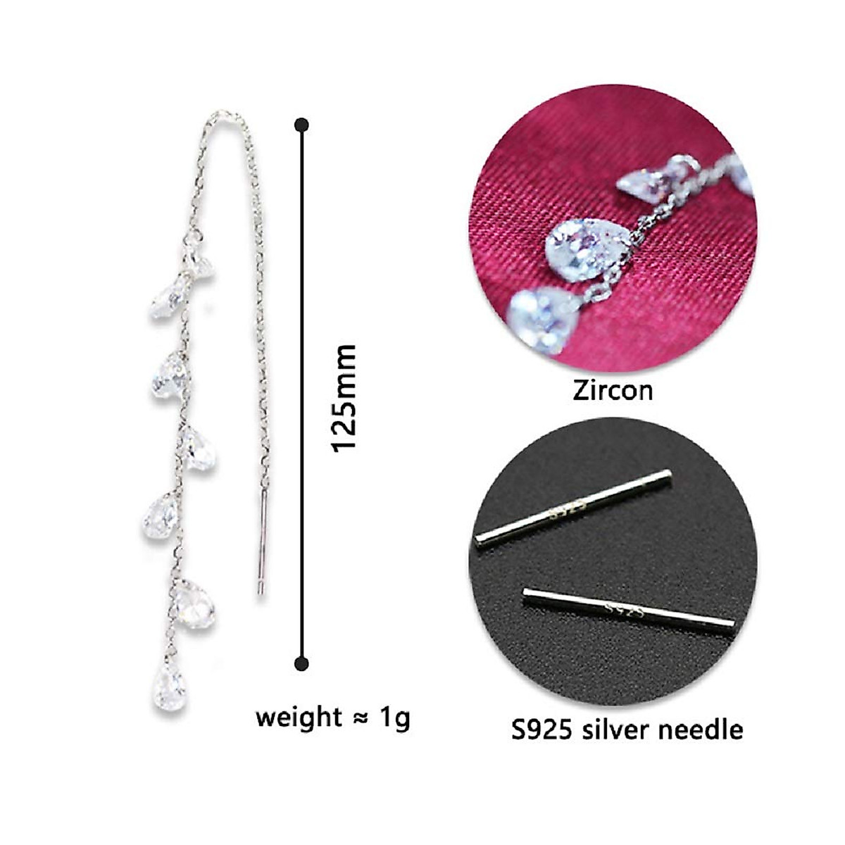 925 Sterling Silver Tassel Drop Earrings Long CZ Droplet Dangle Threader Earrings for Women