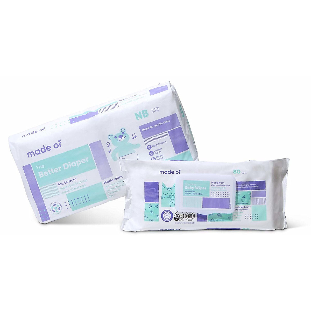 MADE OF The Better Baby Diapers - Hypoallergenic Diapers for Sensitive Skin, Unscented, 10 Hour Absorbency - Pediatrician and Dermatologist Tested - Size 6 (84 Count)