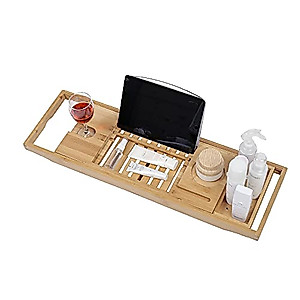 Bozhu Bathtub Tray, Adjustable Bathtub Tray, Expandable Bathtub Caddie, Table, Wine Glass Bracket and Towel Rack, Bamboo(Bozhu01)