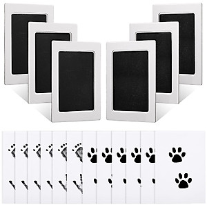 Outus Baby Inkless Handprint and Footprint Kit 6 Safe Hand and Foot Ink Pad Clean Touch Paw Print Stamp and 12 Card for Newborn Registry Family Keepsake Baby Shower Present, Black Color