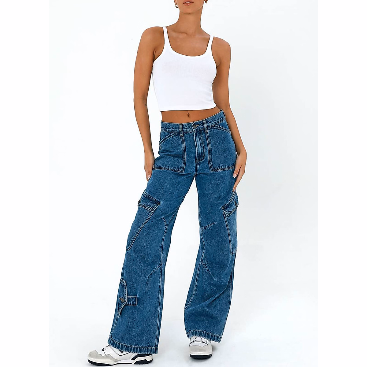 EVALESS Cargo Pants for Women 2024 Trendy High Waist Straight Leg Baggy Cargo Jeans Women's Casual Wide Leg Pants with 6 Pockets Blue Size 10