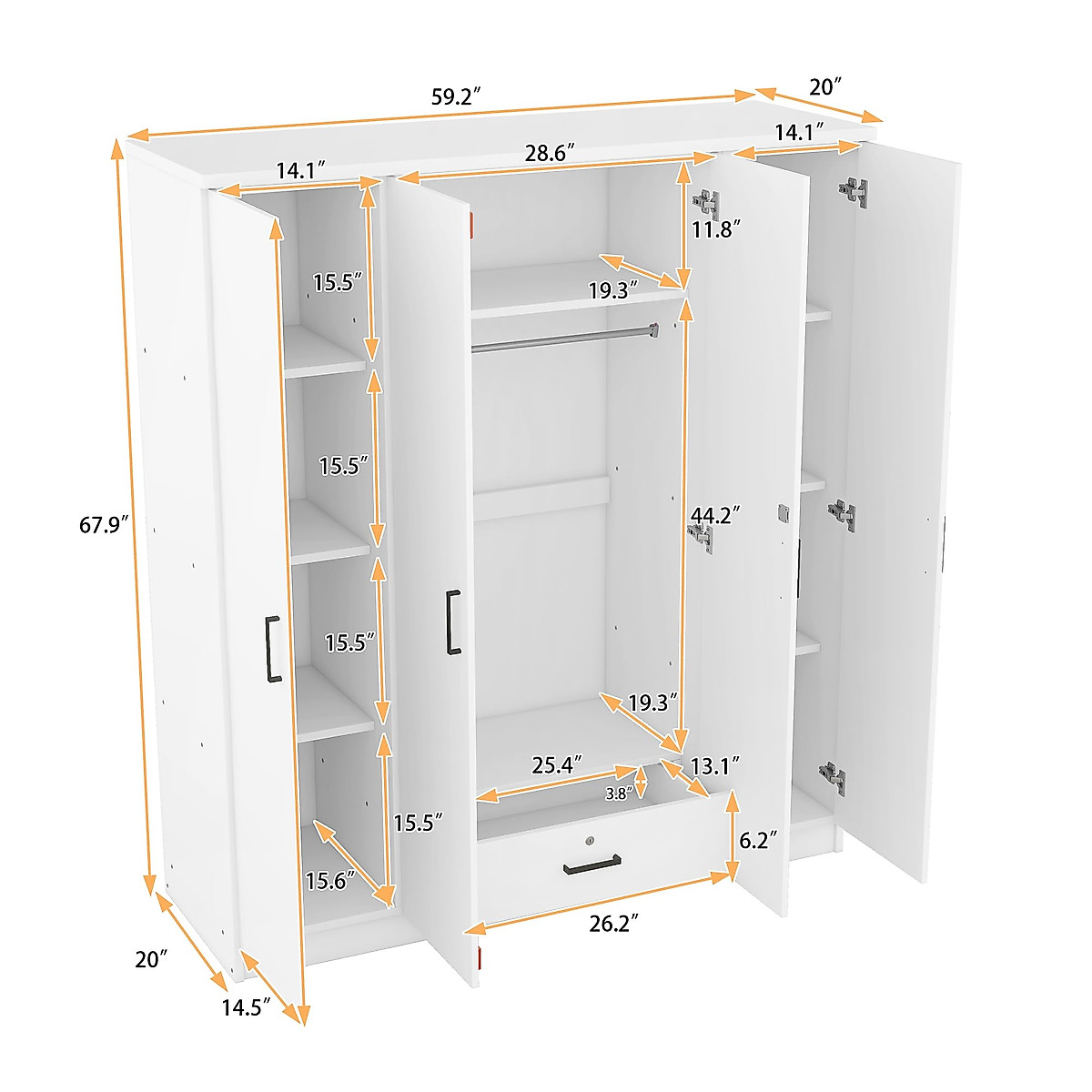 4 Door Wardrobe Armoire Closet with Storage Shelevs Freestanding Wardrobe Cabinet with One Drawer and Hanging Rod Clothes Cabinet Organizer for Bedroom, 59.2" L x 19.2" W x 67.9" H (White)