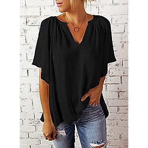Dokotoo Womens Summer Tops Casual Short Sleeve Shirts V Neck Pleated Tunic Tops Loose Cute Bell Sleeve Chiffon Blouses for Ladies Plus Size,2XL(US 18-20),Black