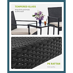 FDW 3 Pieces Outdoor Patio Furniture Wicker Bistro Rattan Chair Conversation Sets for Yard Lawn Balcony Poolside Backyard,Black