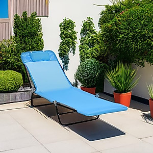 Outsunny Folding Chaise Lounge Chair, Pool Sun Tanning Chair, Outdoor Lounge Chair with Reclining Back, Breathable Mesh Seat, Headrest for Beach, Yard, Patio, Blue