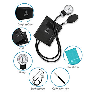 Clairre Professional Sphygmomanometer Manual Blood Pressure Cuff and Stethoscope Kit for Nurses/Doctors/Nursing Students, Carrying Case Included, Universal Cuff Size: 9-16 inch (Black)