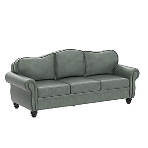 HULALA HOME 81'' Upholstered Leather Sofa with Nailhead Trim and Rolled Armrests, Mid-Century Modern Living Room 3-Seater Couch, Sage Couch with Removable Cushion for Bedroom Apartment