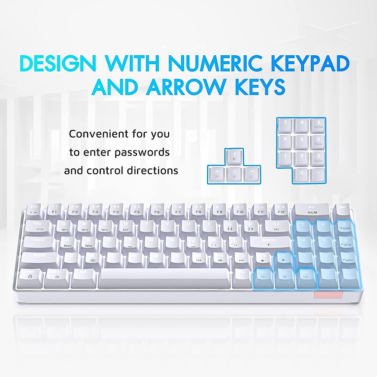A.JAZZ AK692 Compact Hot-Swappable Wireless Number Pad Mechanical Gaming Keyboard 5.0 Bluetooth Type C Wired Mode 4000 mAh Rechargable Light up for Mac Laptop IP ad PC Phone PS4 Gamer Office - White