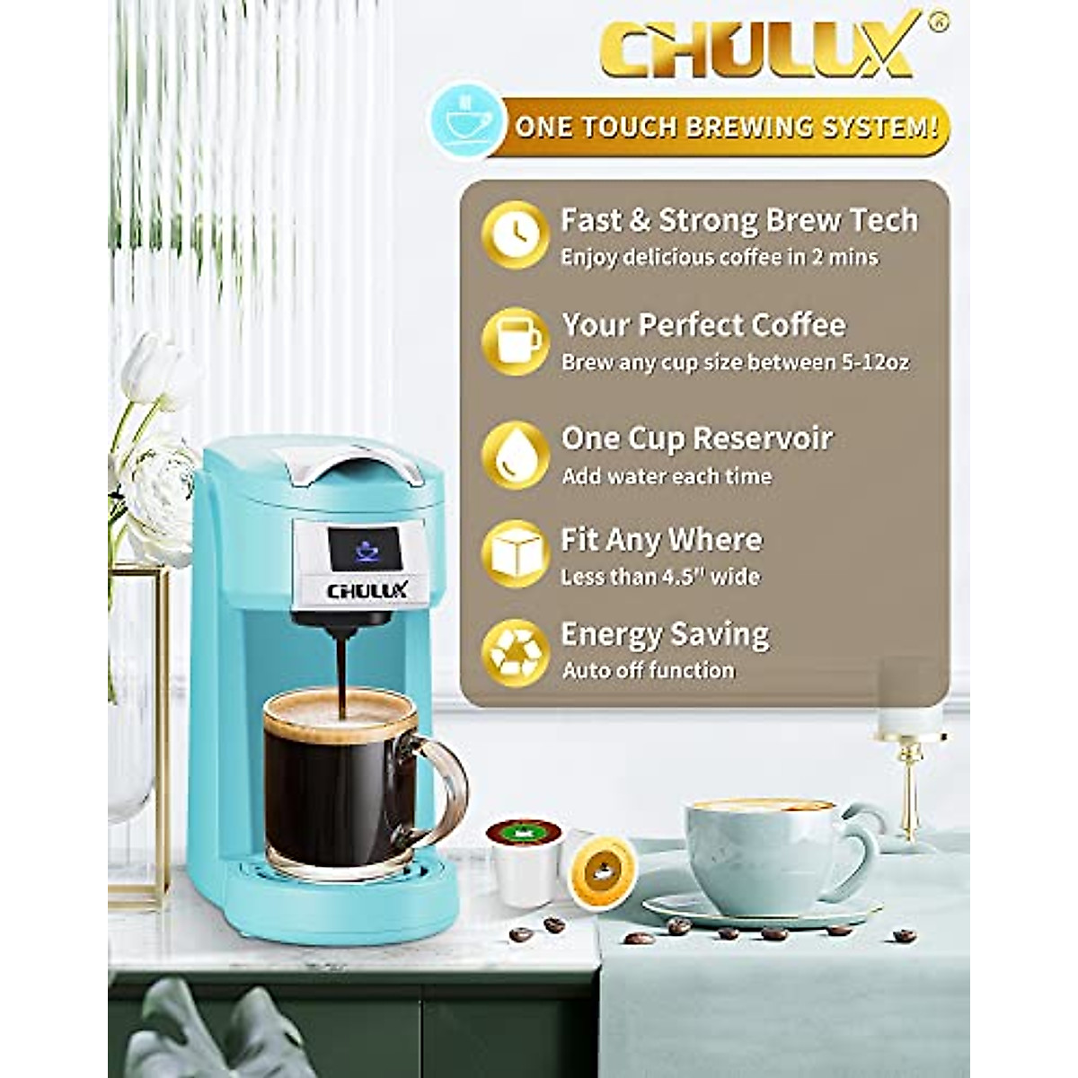 CHULUX Upgrade Single Serve Coffee Maker for K CUP, Mini Coffee Maker Single Cup 5-12oz Coffee Brewer, 3 in 1 Coffee Machine for K Cups Pod Capsule Ground Coffee Tea, One Touch Fast Brewing in Minutes