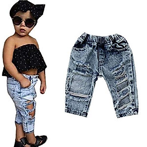 Toddler Newborn Baby Boys Girls Causal Elastic Waist Destroyed Ripped Jeans Pants (0-6 Months, A)