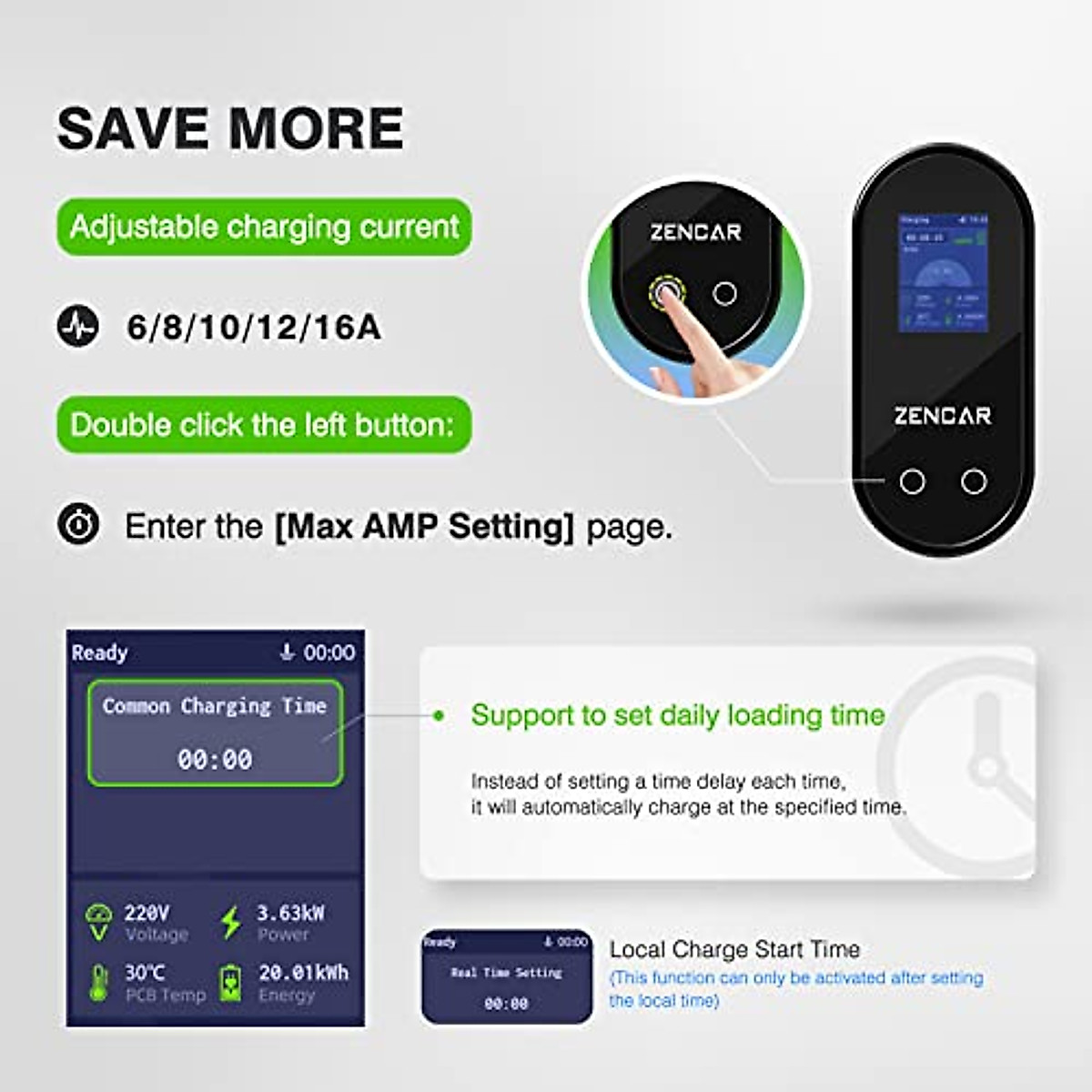 EVCARS Level 2 EV Charger 16A NEMA 6-20 25FT Portable EVSE D Electric Vehicle Car Charging Station, Fixed Time Charging, Total Charging Energy Record (SAE J1722, Adjustable Amp, Time Delay)