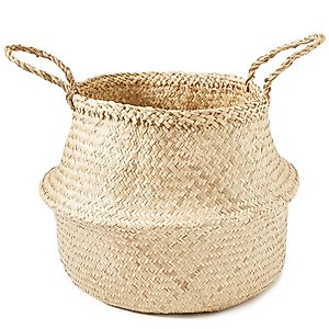 Americanflat Natural Hand-Woven Palm and Seagrass Belly Baskets (11" Tall)