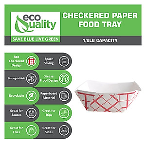 50ct Disposable Paper Food Tray (1/2 LB) - Red Check Food Tray, USA MADE, Recyclable, Biodegradable, Compostable, Great for Picnics, Carnivals, Party, Camping, BBQ, Restaurants, Fries (0.5lb)