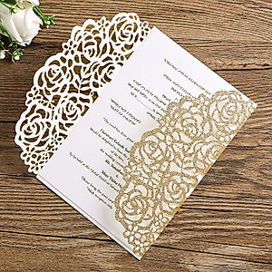 ponatia 25PCS Hollow Rose Laser Cut Wedding Invitations Cards with Envelopes, Printable Paper with Burgundy Ribbons For Wedding Bridal Shower Engagement Sweet 16 Birthday Invite (Gold Glitter)
