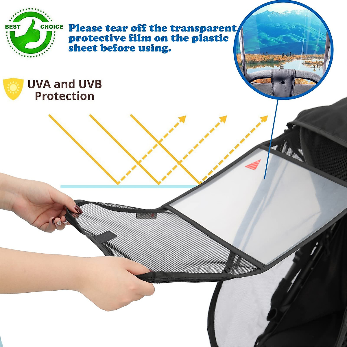BAYWYI 3 in 1 Sun Shade and Mosquito Net for Stroller Sun Protection, Versatile Universal Double Zipper Baby Mosquito Net -