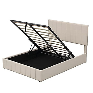 Upholstered Platform Bed with Gas Lift up Storage, Full Size Bed Frame with Storage Underneath and Tufted Headboard, Wooden Platform Bed with Hydraulic Storage System (New, Beige )