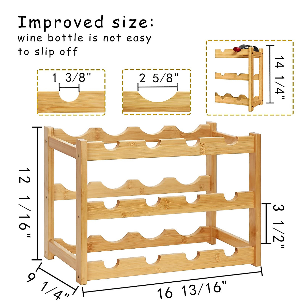 BAMEOS Bamboo Wine Rack, 3 Tier Natural Wine Rack Freestanding Floor Display Storage Shelf countertop Wine Holder for Kitchen, Bar, Pantry, Wine Cellar, Basement,Study，Maroon (16.85 L x 9.25W x 12H)
