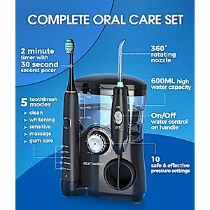 Electric Toothbrush with Water Flosser,600ML Oral Irrigator Water Flosser with 7 Jet Tips,10 Adjustable Water Pressure,Sonic Electric Toothbrush with 2 Brush Heads,5 Modes(Black)