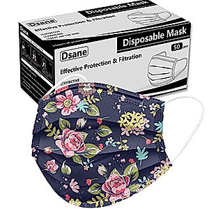 50PCS Disposable Face Mask for Women,Fashion Flowers Printed Dust Masks,Fancy Cute Breathable Face Masks,Safety Facial Mouth Covers