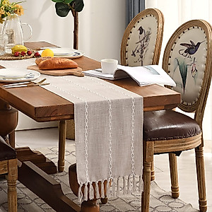 Wracra Rustic Linen Table Runner Farmhouse Style Table Runners 72 inches Long Embroidered Fall Table Runner with Hand-Tassels for Party, Dresser and Dining Room Decorations(Light Coffee, 13"×72")