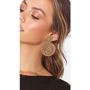 ARATLENCH Rattan Woven Dangling Earrings Handmade Straw Dangle Drop Earrings Boho Summer Beach Statement Circle Ball Hoop Earrings for Women (rattan disc)