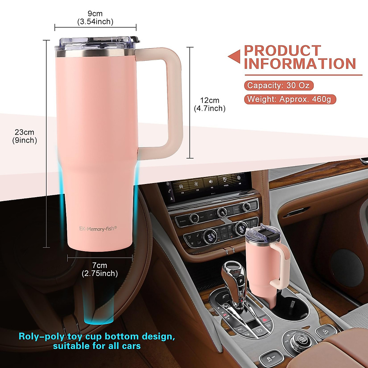 EK-Memory-fish 30 OZ Tumbler with Handle and Straw - Vacuum Insulated Water Bottle for Home, Office, Car - Reusable Cup with Straw【Rose Quartz】