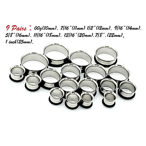 HEKEUOR 00G 7/16” 1/2” 9/16” 5/8” 11/16” 13/16” 7/8” 1” Ear Gauge Stretching Kit Stainless Steel Tapers and Plugs Set